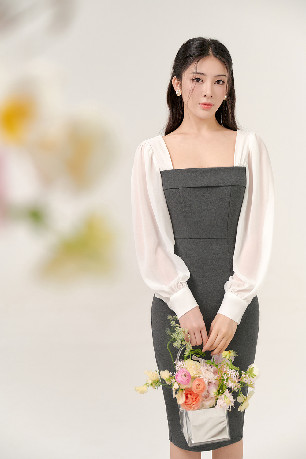 Nami Chiffon Sleeves Pencil Dress In Grey/Iconic White | Chello