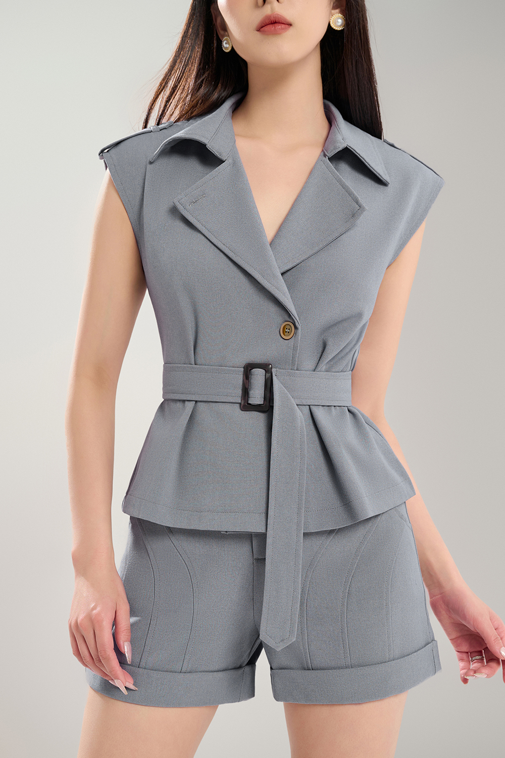 Elvire Button Down Trench Top in Cadet Grey | Chello