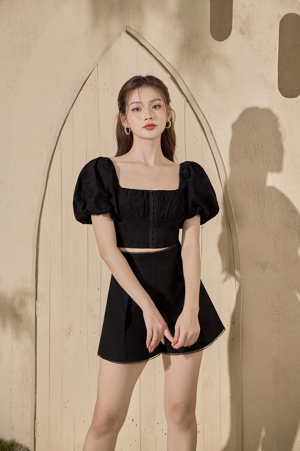 Bardou Puff Sleeves Hook & Eye Broderie Anglaise Top in Classic Black | Chello