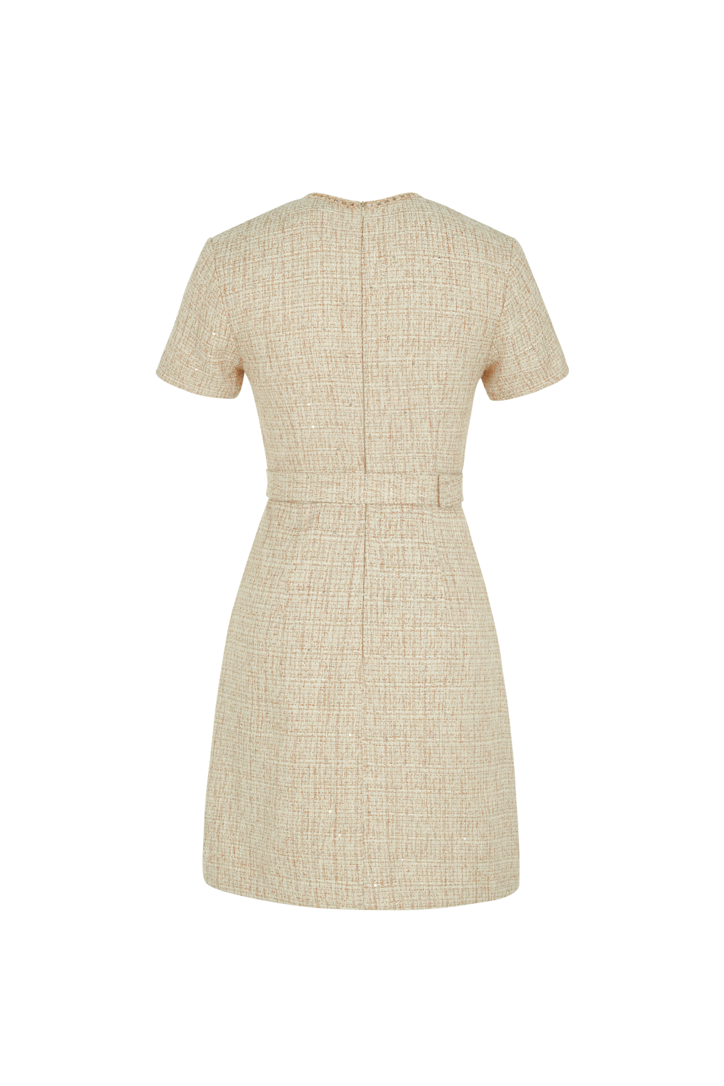 Aurora Belted Tweed Mini Dress in Sand Gold | Chello