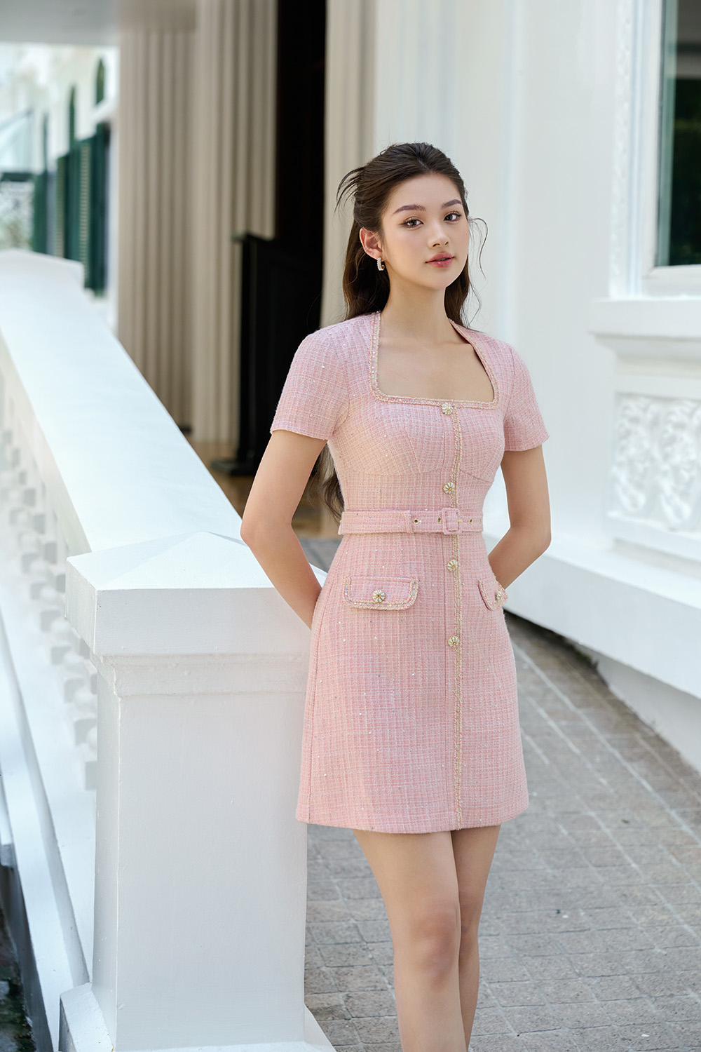 Aurora Belted Tweed Mini Dress in Soft Pink | Chello