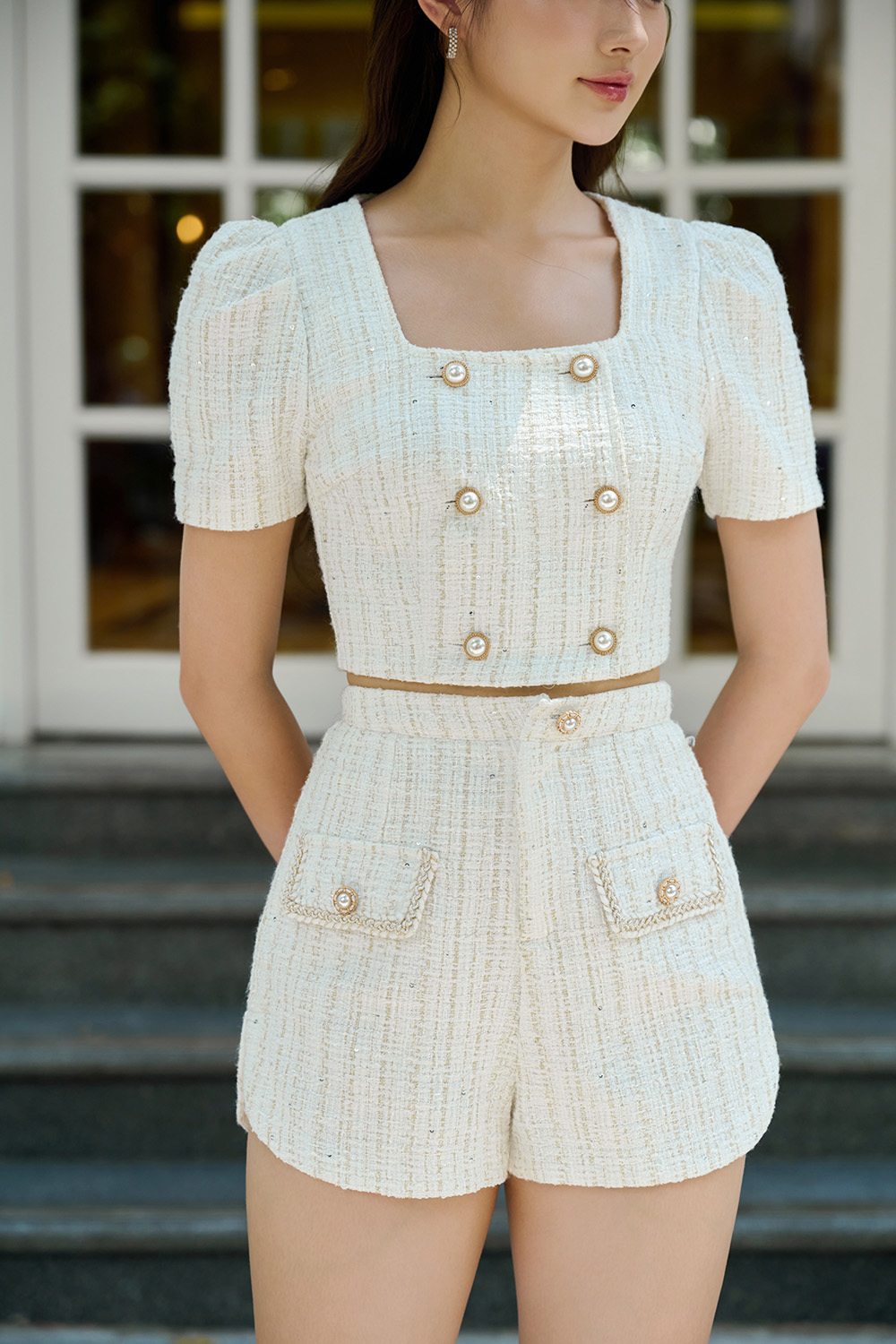 Blaire Double Breasted Tweed Cropped Top in White Gold | Chello