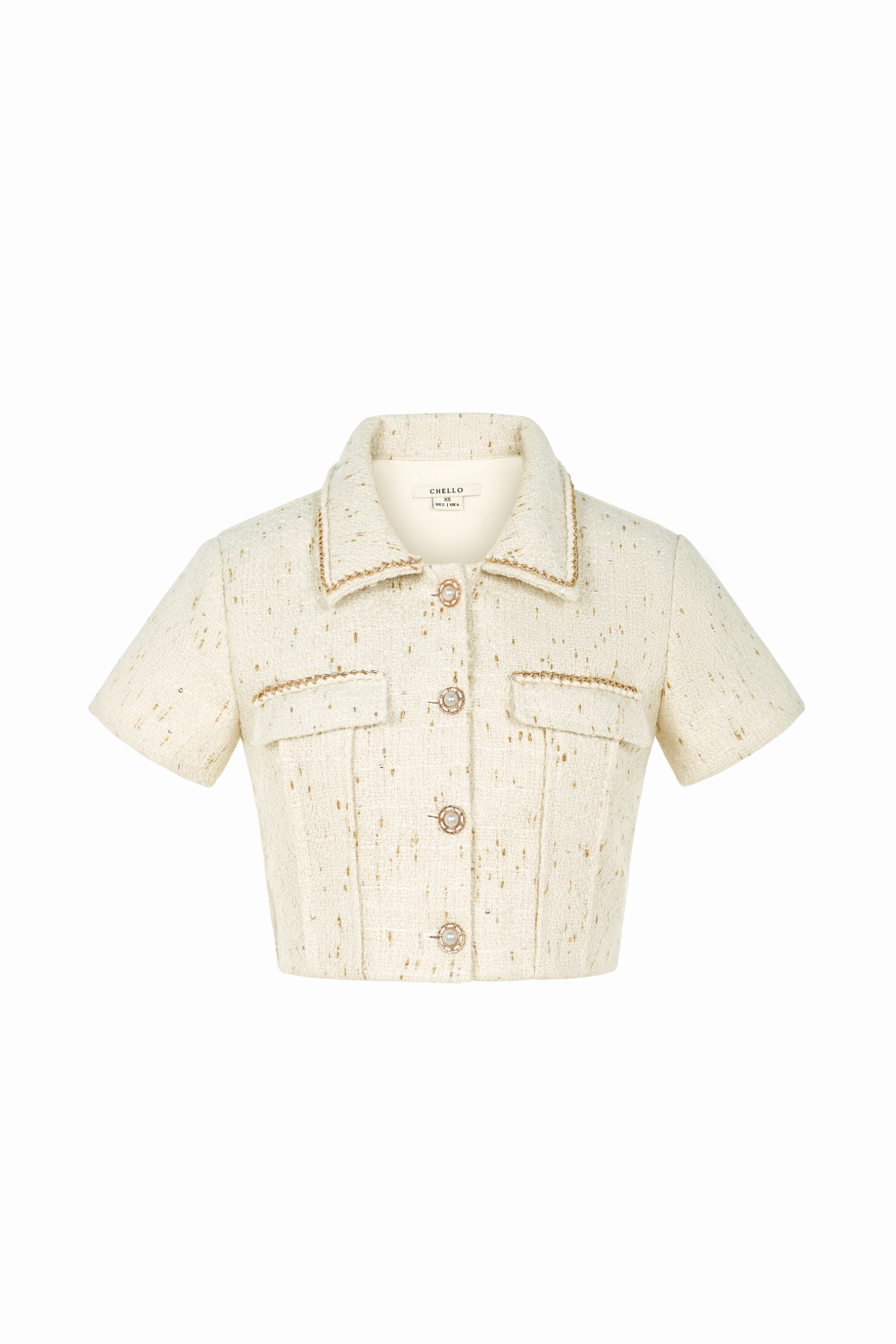 Pearlyn Collared Tweed Cropped Top in Cream Gold | Chello