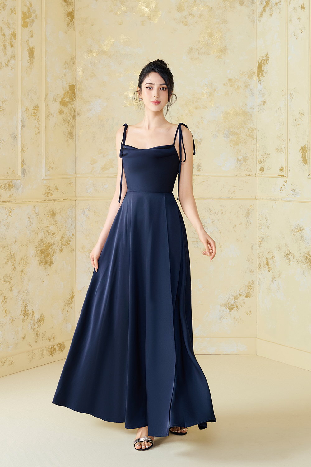 Cassidy Silky Satin Ribbon Strap Maxi Dress in Navy Blue | Chello