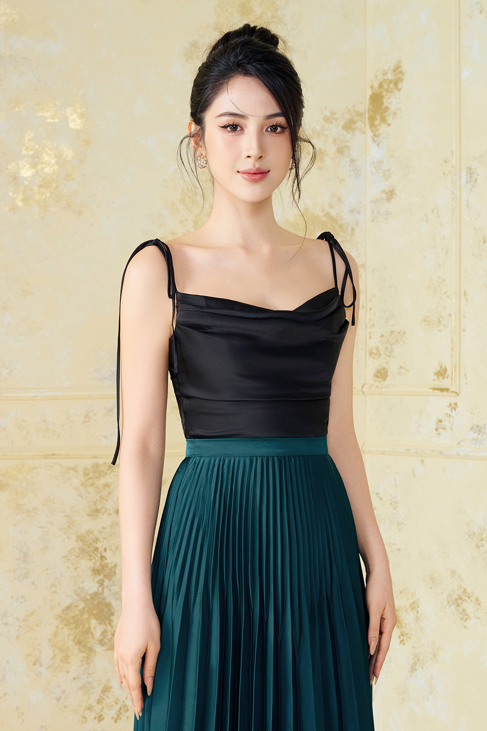 Desiree Asymmetrical Cowl Neck Strappy Ribbon Top in Classic Black | Chello