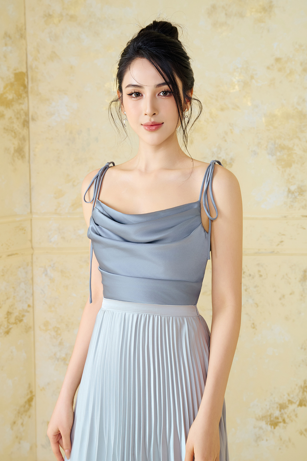 Desiree Asymmetrical Cowl Neck Strappy Ribbon Top in Titanium Blue | Chello