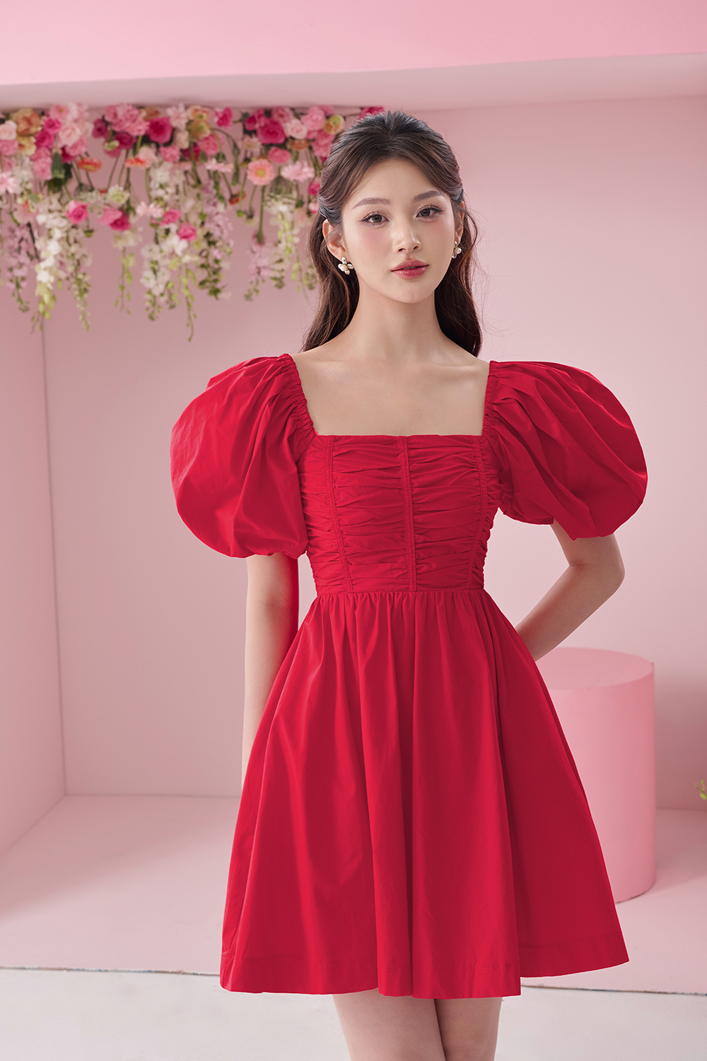 Daphne Ruched Puff Mini Dress in Red | Chello