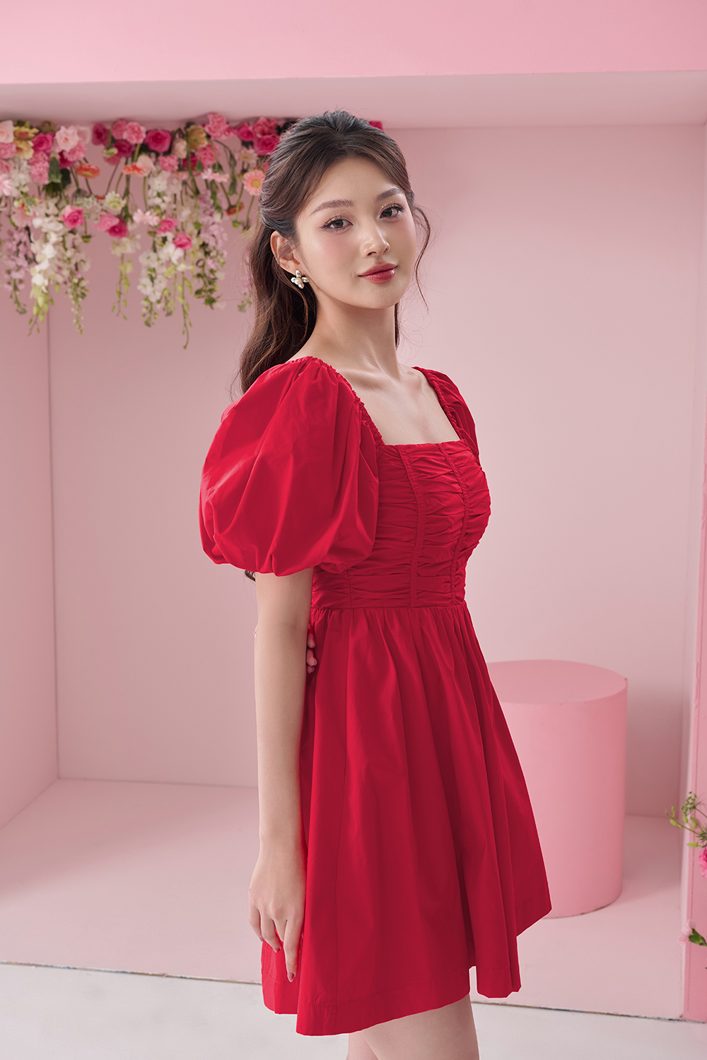 Daphne Ruched Puff Mini Dress in Red | Chello