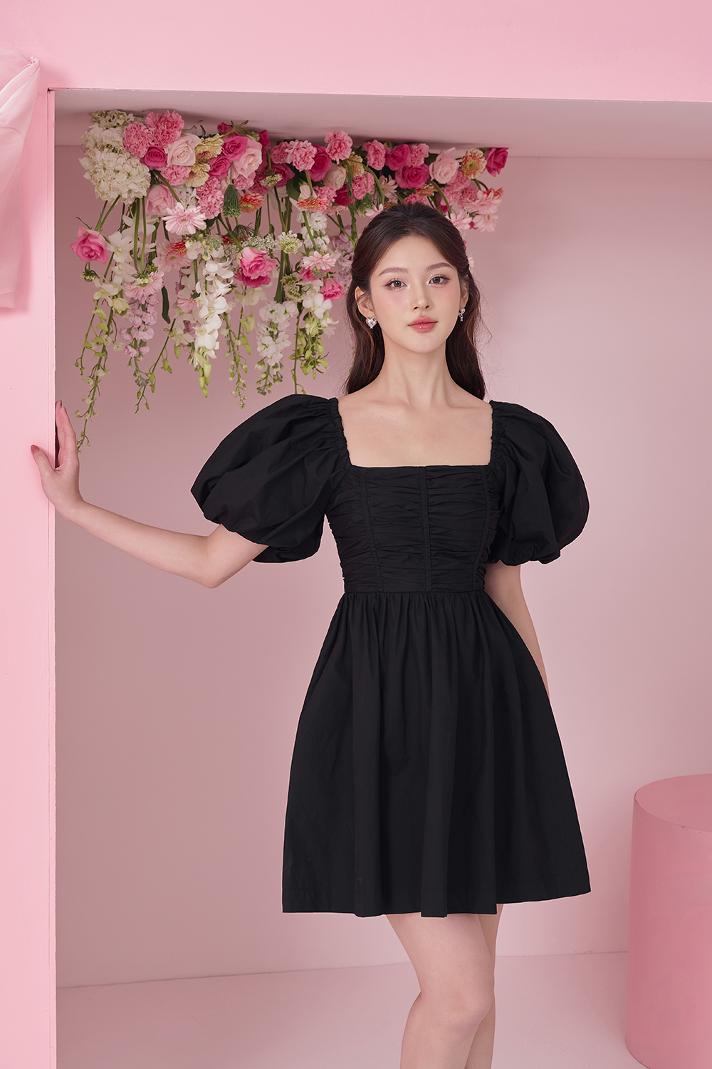 Daphne Ruched Puff Mini Dress in Classic Black | Chello