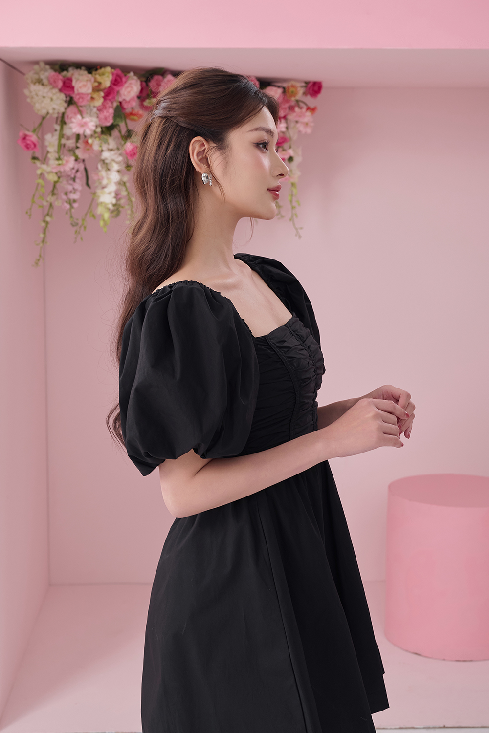 Daphne Ruched Puff Mini Dress in Classic Black | Chello