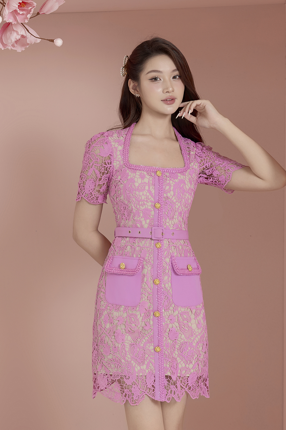 Trinity Crochet Lace Belted Mini Dress in Taffy Pink | Chello