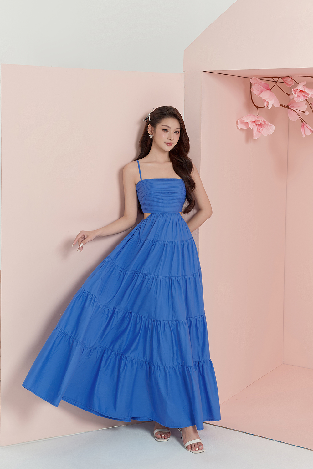 Xenia Pleated Cut-Out Maxi Dress in Sapphire Blue | Chello