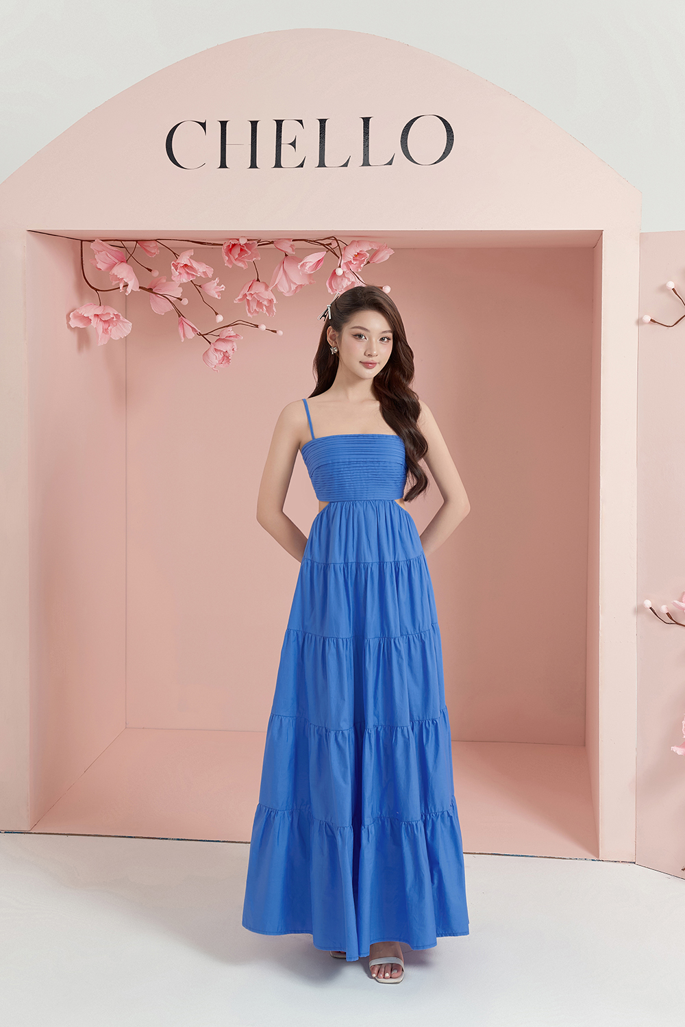 Xenia Pleated Cut-Out Maxi Dress in Sapphire Blue | Chello