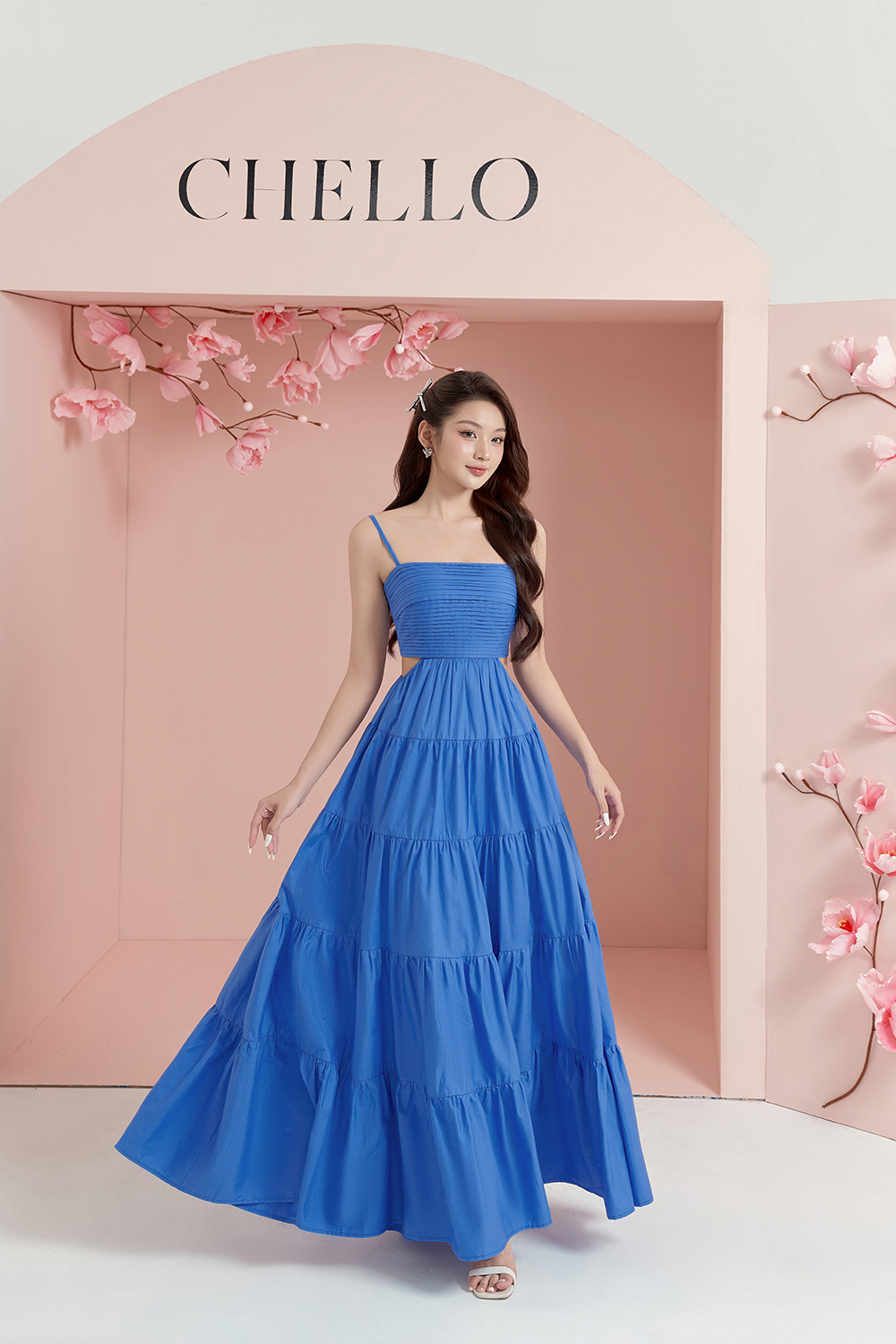 Xenia Pleated Cut-Out Maxi Dress in Sapphire Blue | Chello
