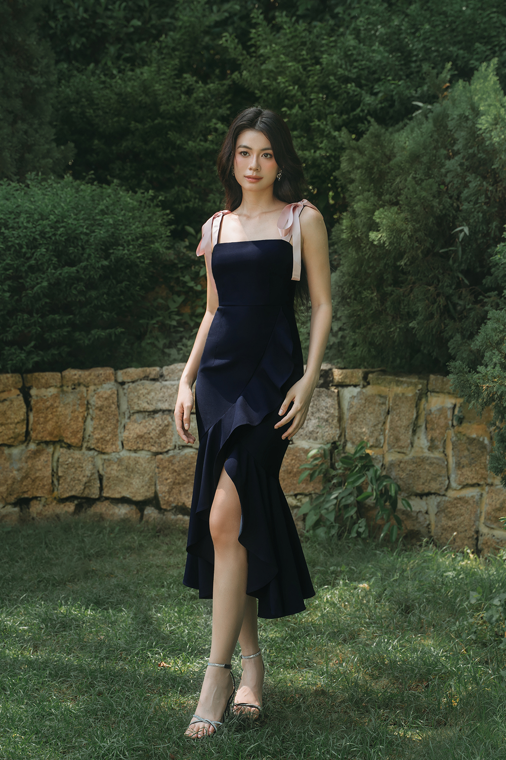 Everlee Movement Midi Mermaid Dress with Satin Ribbon Straps in Navy ...