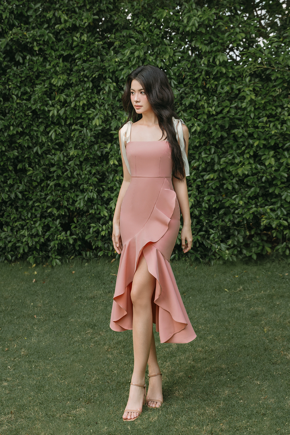 Everlee Movement Midi Mermaid Dress with Satin Ribbon Straps in Rose ...