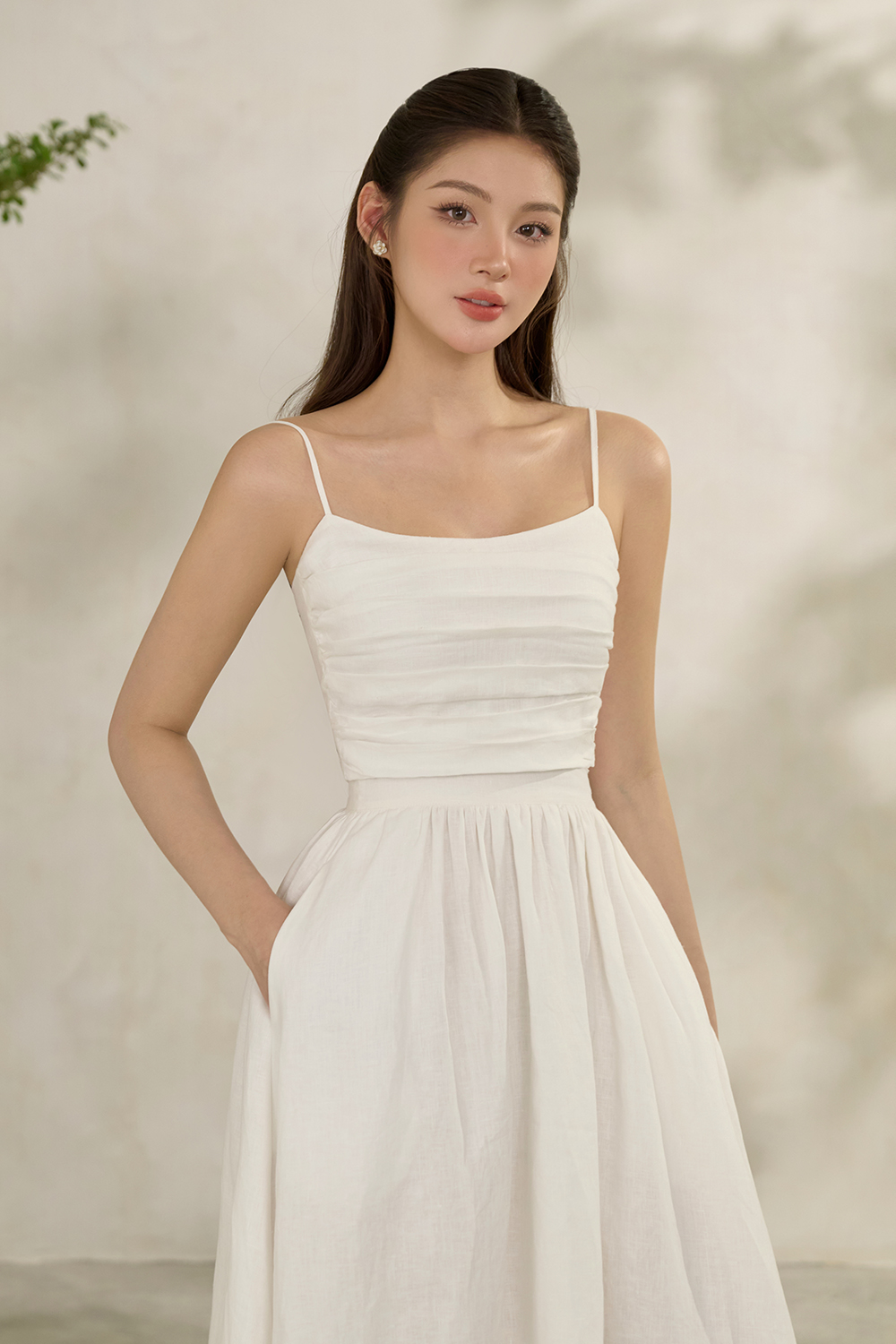 Laurel Pleated Strappy Cropped Top in Iconic White | Chello