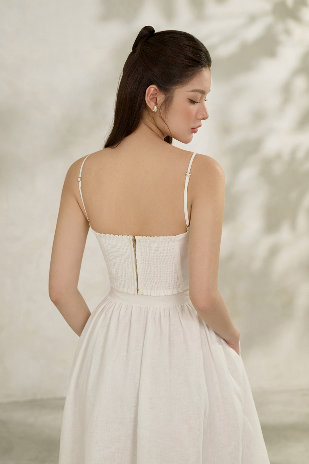 Laurel Pleated Strappy Cropped Top in Iconic White | Chello