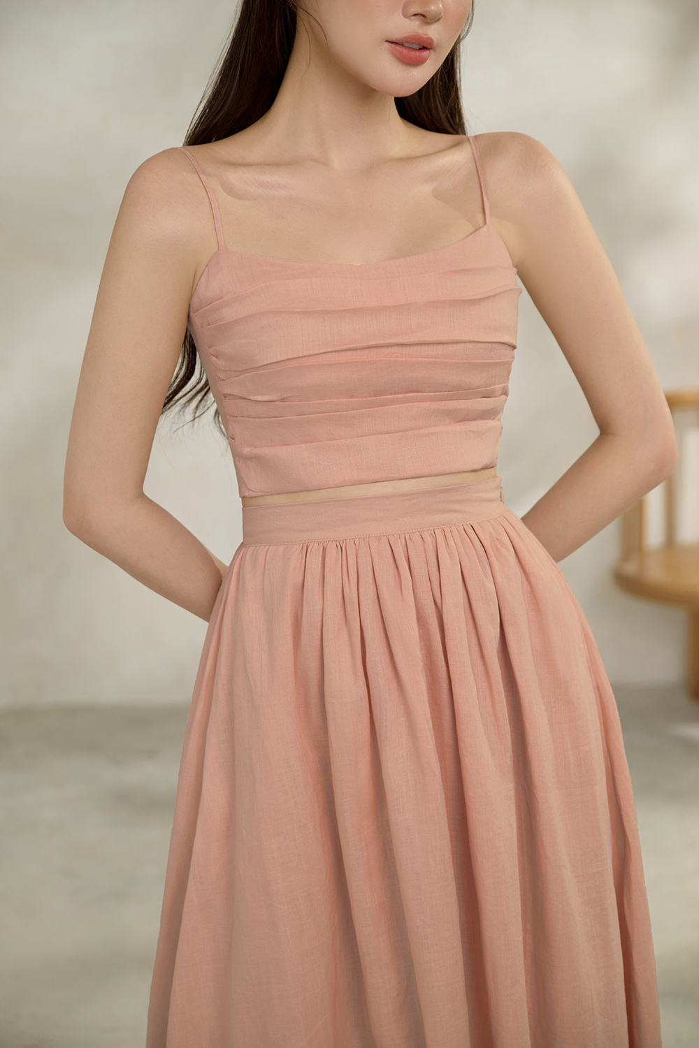 Laurel Pleated Strappy Cropped Top in Peach Parfait | Chello