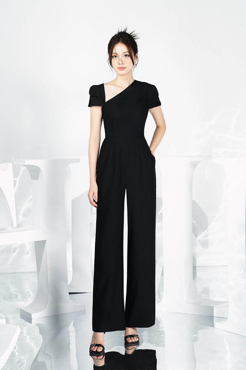 Huxley Asymmetrical Cap Sleeves Jumpsuit in Classic Black | Chello
