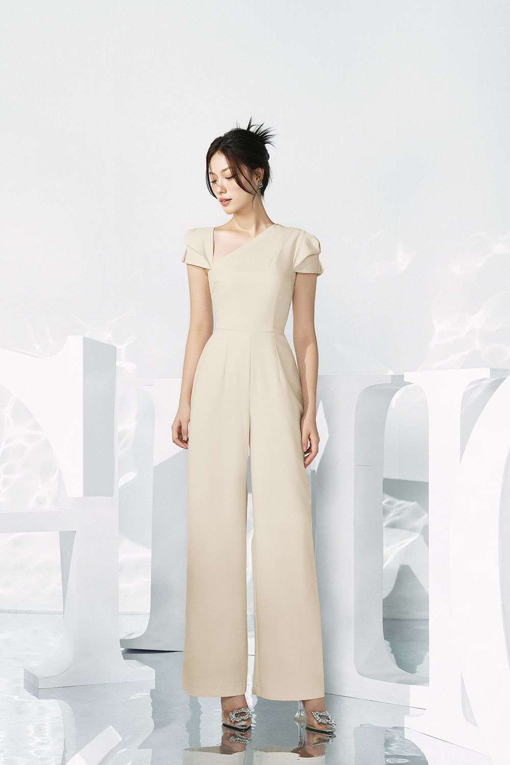 Huxley Asymmetrical Cap Sleeves Jumpsuit in Parchment | Chello