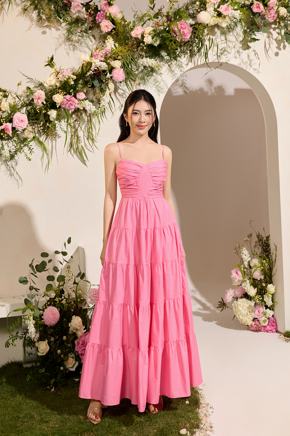 Ceres Diamond Pleated Maxi Dress in Taffy Pink | Chello