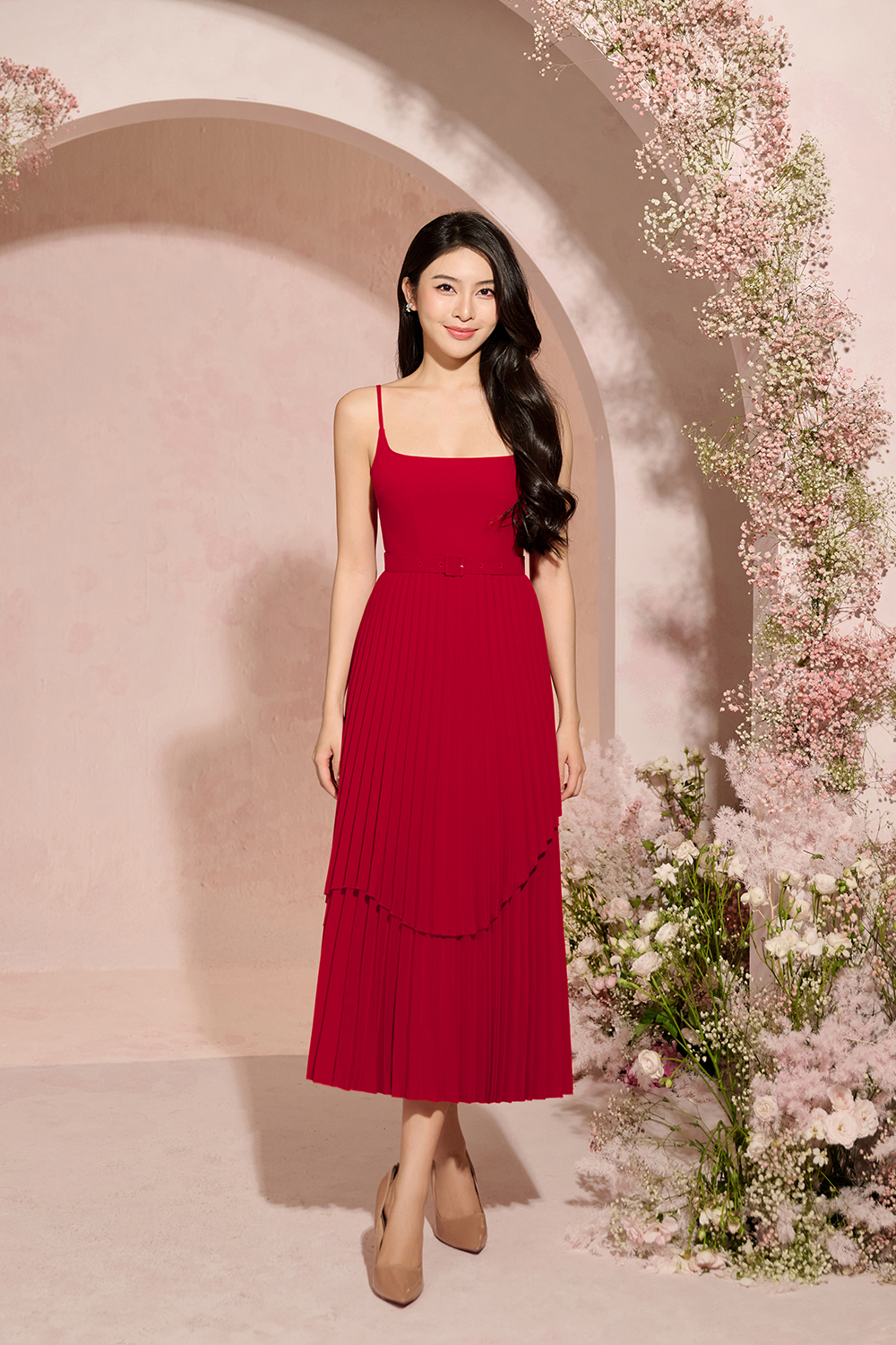 Ivy Layered Pleated Midi Dress in Scarlet Red | Chello