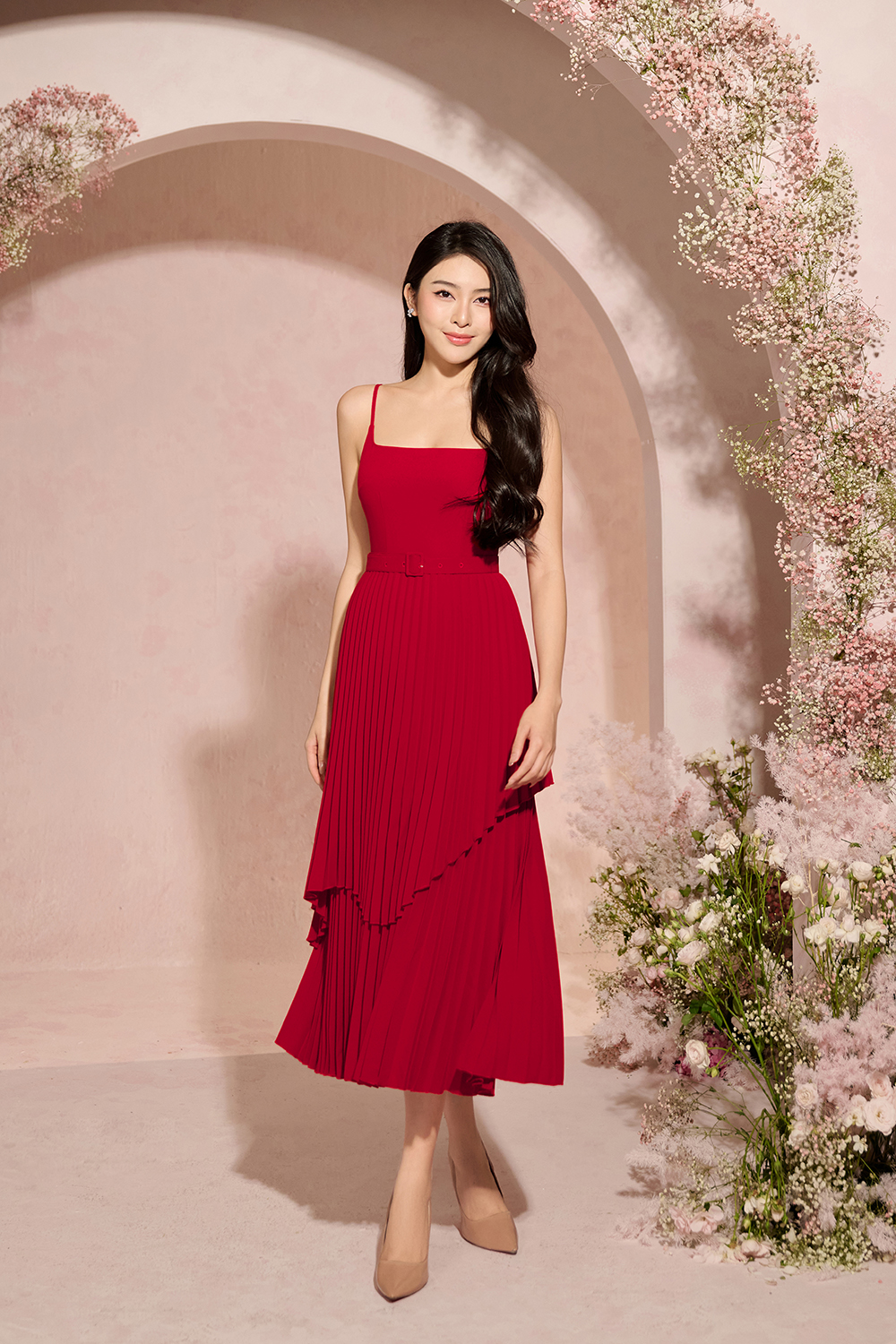 Ivy Layered Pleated Midi Dress in Scarlet Red | Chello