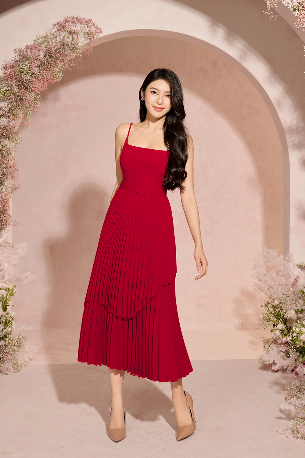 Ivy Layered Pleated Midi Dress in Scarlet Red | Chello