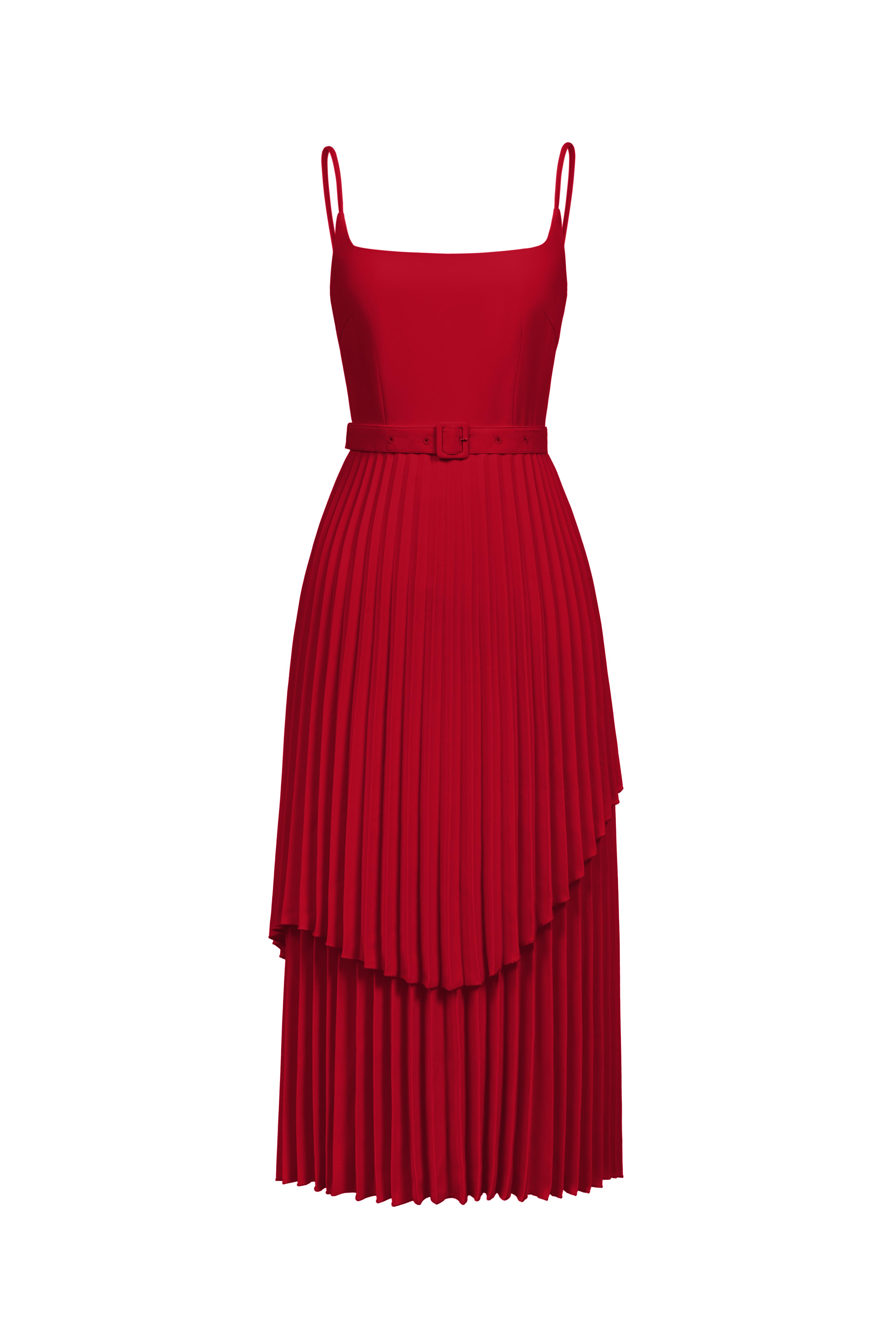 Ivy Layered Pleated Midi Dress in Scarlet Red | Chello