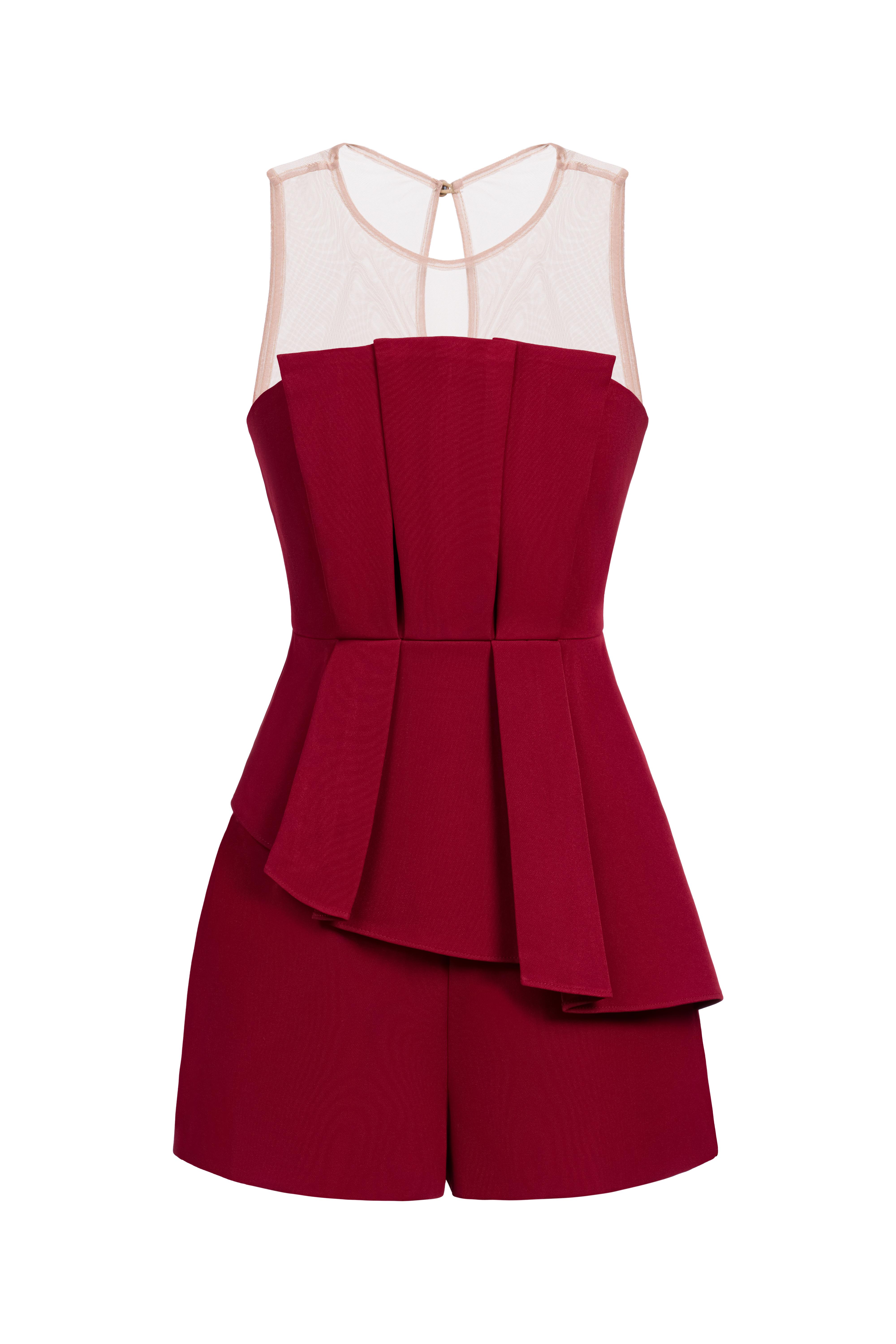 Kalei Asymmetrical Pleated Peplum Romper in Crimson Red | Chello