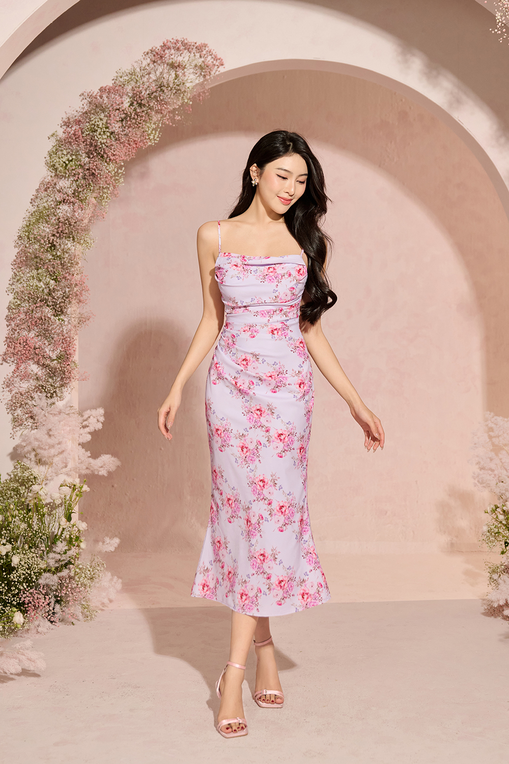 Keren Pleated Twist Back Padded Dress in Lilac Rosette Garden | Chello