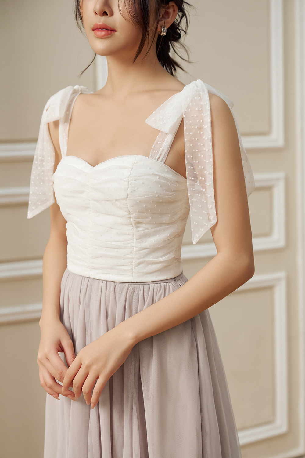 Lacey Tulle Ribbon Crop Top in Iconic White | Chello