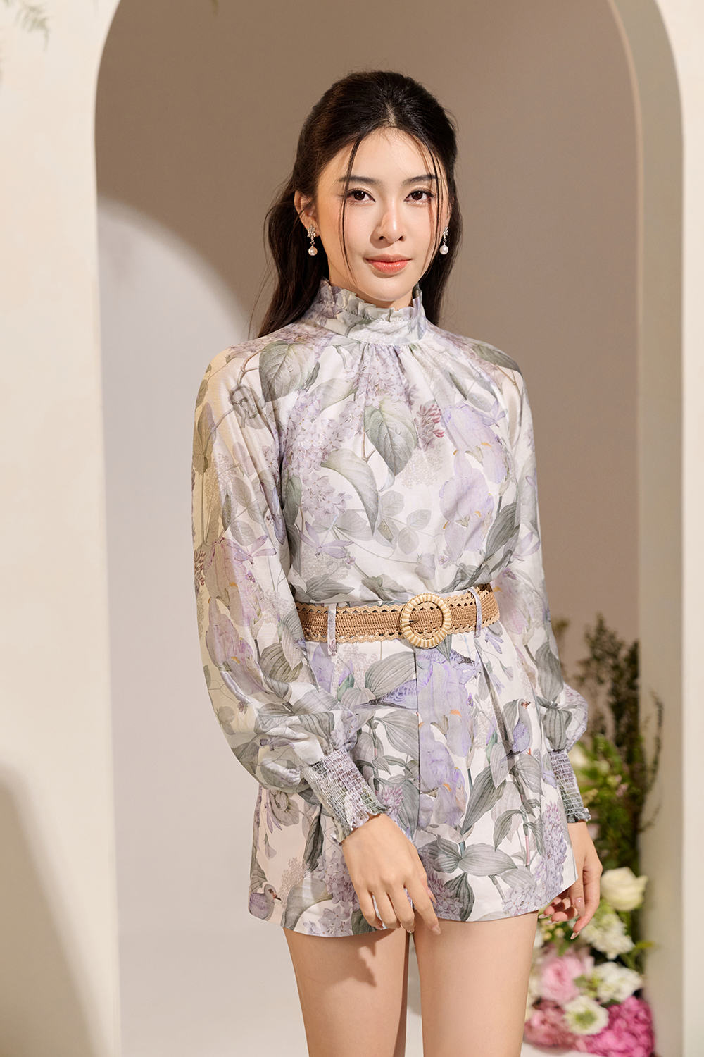 Evanthe Billowy Sleeves High Neck Top in White Whispering Lilac Grove ...