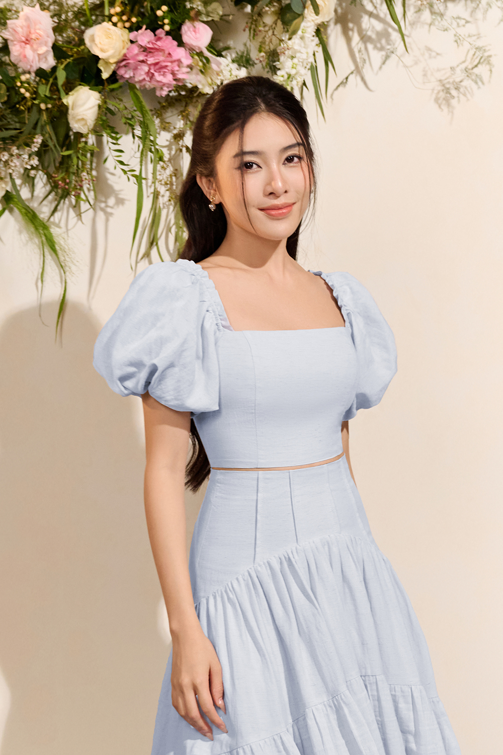 Wynne Padded Puff Sleeves Cropped Top in Ice Blue | Chello