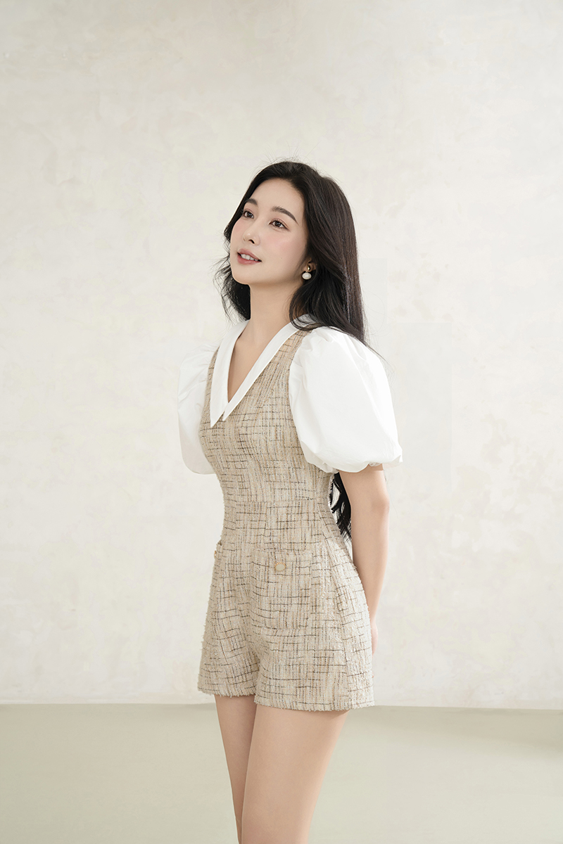 Iseul 2-Way Tweed Romper in Toffee Tweed | Chello