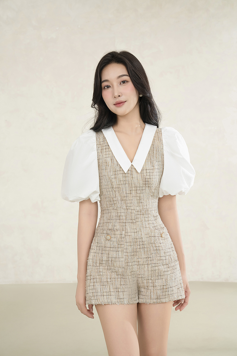 Iseul 2-Way Tweed Romper in Toffee Tweed | Chello