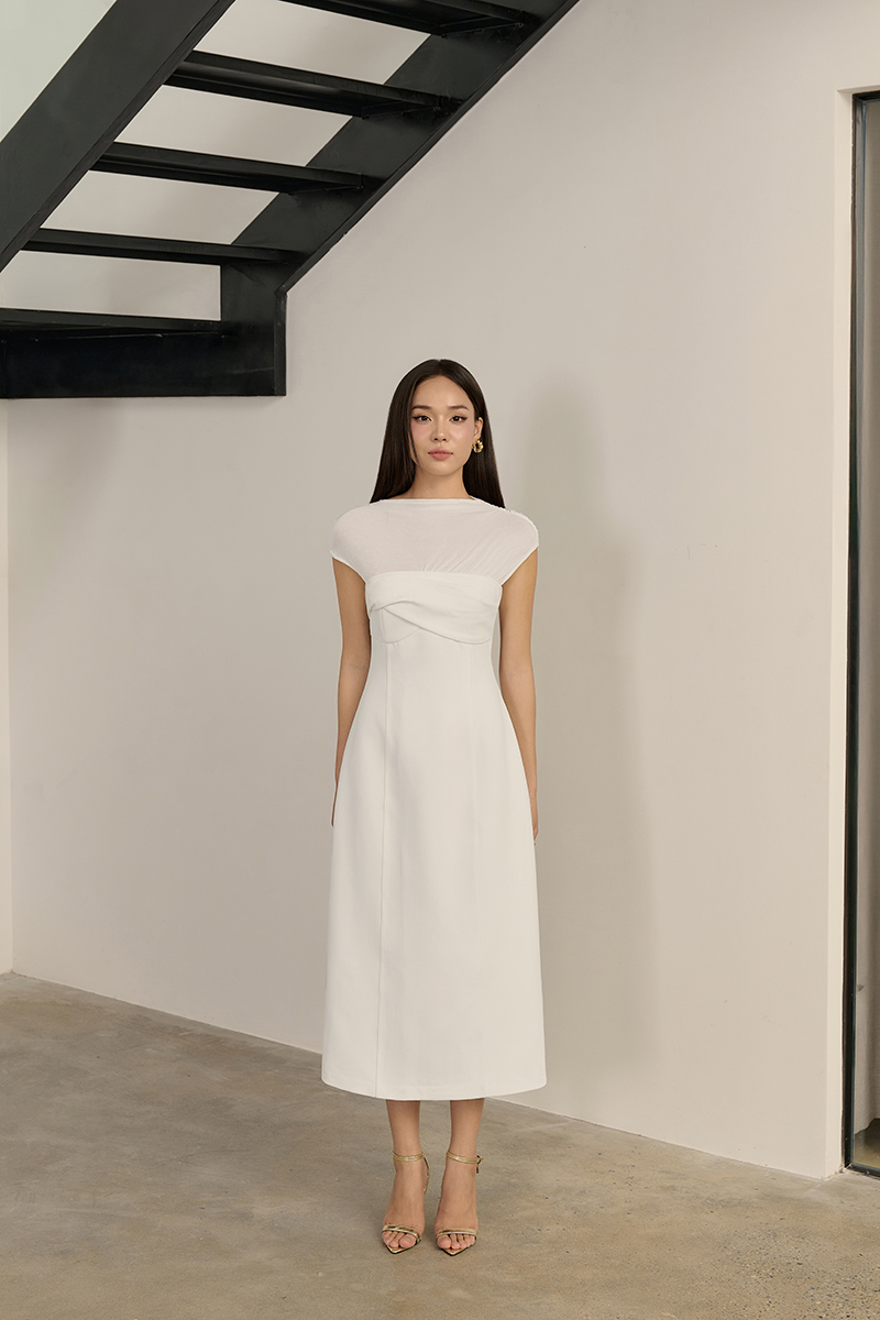 Cylene Twist Bust Midi Dress in Iconic White | Chello