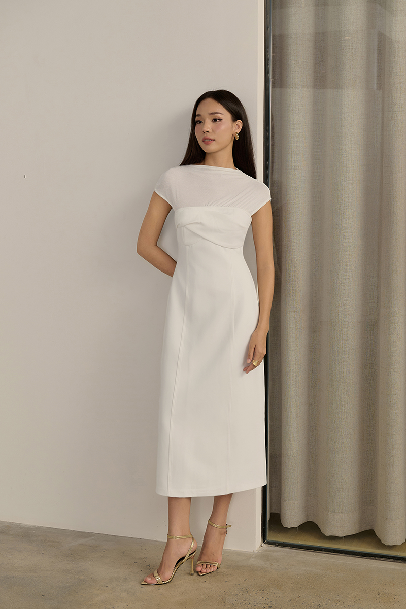 Cylene Twist Bust Midi Dress in Iconic White | Chello