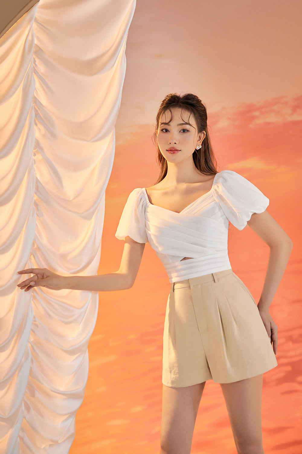 Etana Puff Shoulders Cut Out Top in Iconic White | Chello