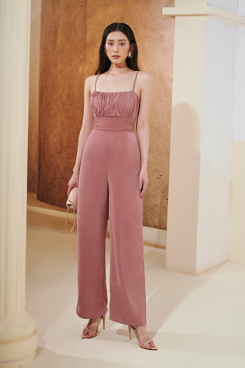 Ivanna Ruched Bustier Jumpsuit in Dark Rose | Chello