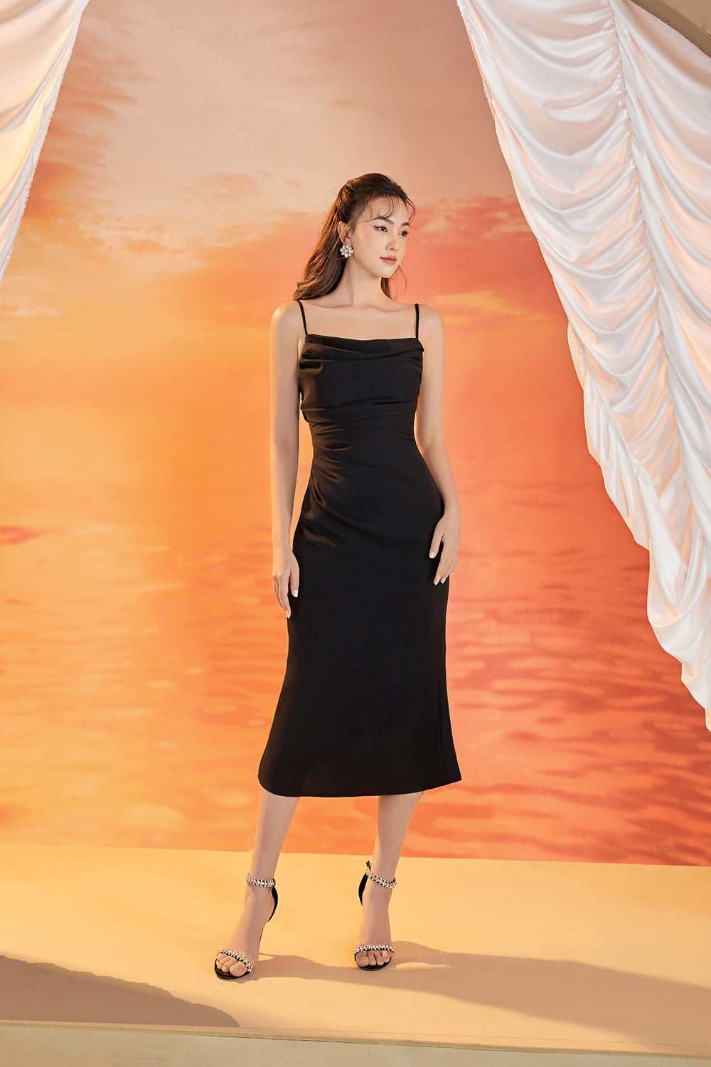 Keren Pleated Twist Back Padded Dress in Classic Black | Chello