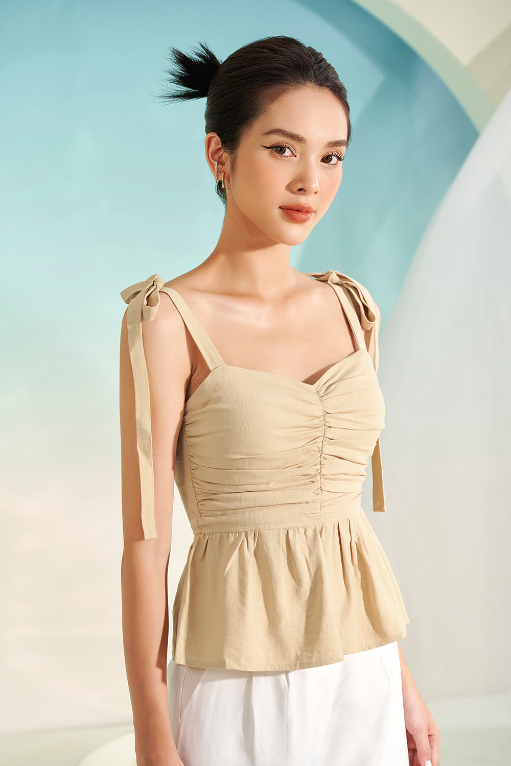 Millie Ruched Peplum Ribbon Top in Sand | Chello