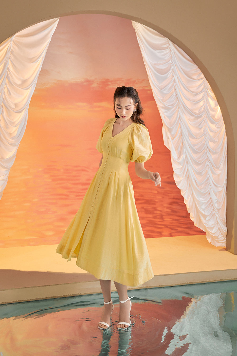 Nori Puffy Sleeved Fit & Flare Dress in Canary Yellow | Chello