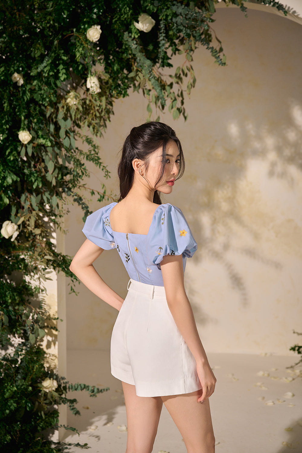 Renee Puffy Sleeved Embroidered Floral Top in Sunflower Yellow | Chello