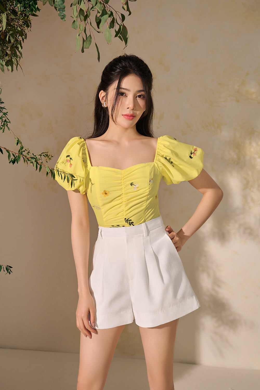 Renee Puffy Sleeved Embroidered Floral Top in Sunflower Yellow | Chello